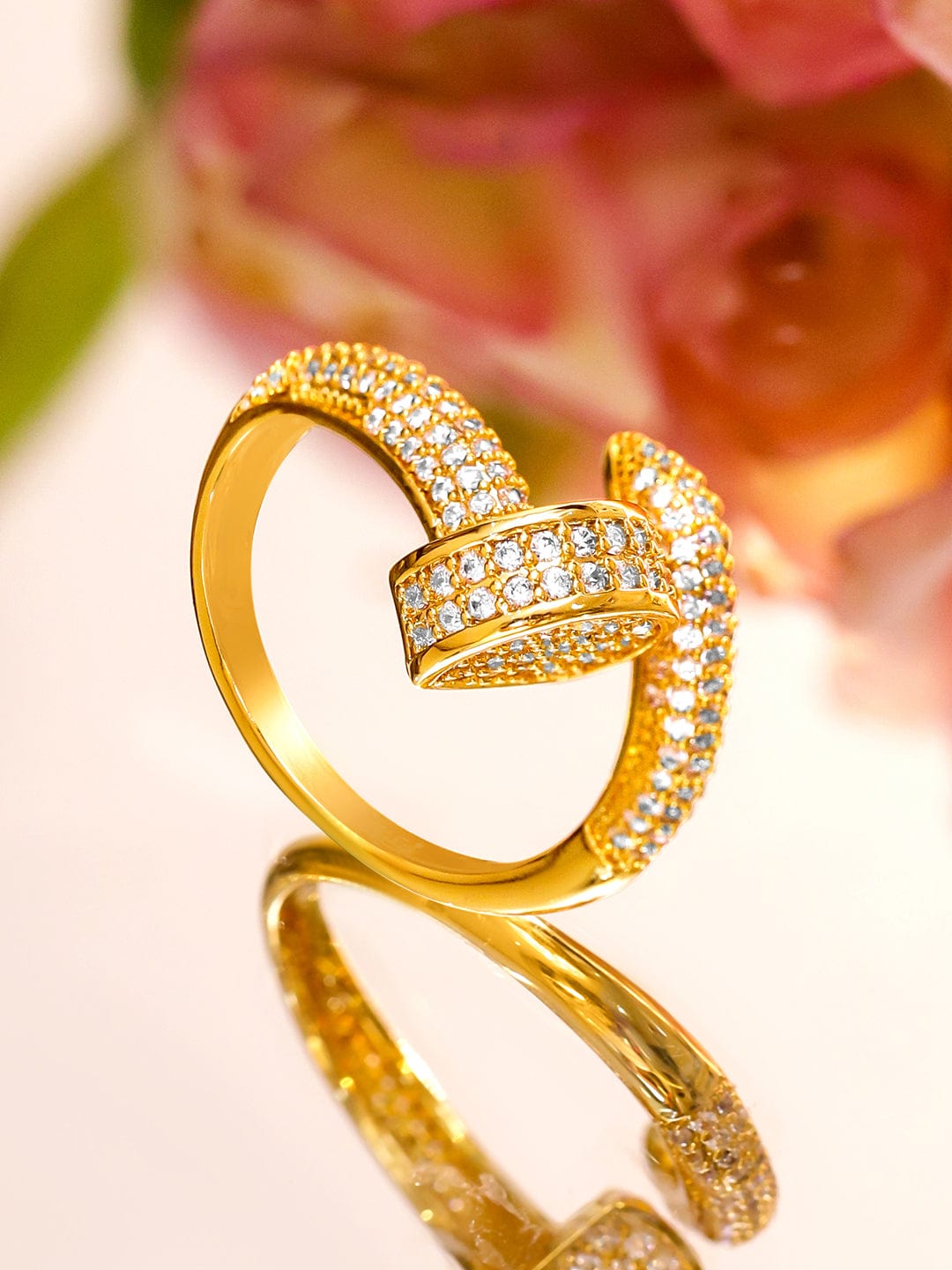 22K Gold-Plated Adjustable Wrap Design Ring with Cubic Zirconia ...