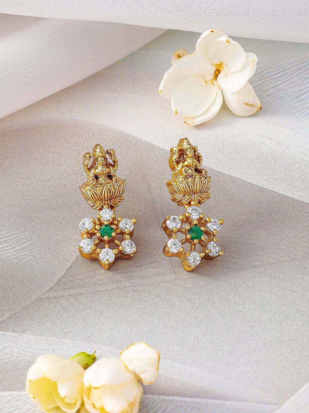 22K Gold-Plated Temple Jewellery Set with Lakshmi Motif & Green CZ ...